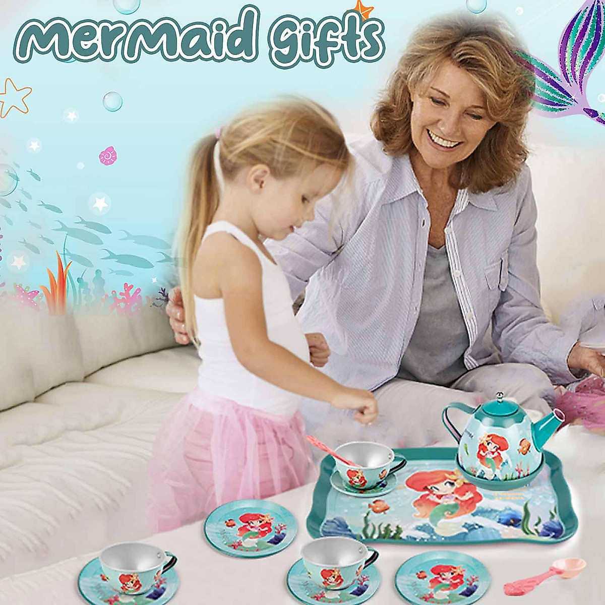 Lajeje Mermaid Tea Party Set for Little Girls, Kids Party Set Toys for 3 4 5 6 Year Old Girls, Pretend Toy Tin Tea Set & Carrying Case, Princess Tea Time Kitchen Play Toys, Birthday Gifts for Girls