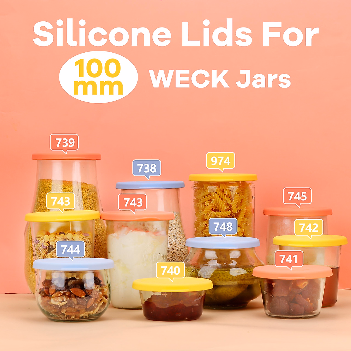 100mm Silicone Lids for Weck Jars，6 Pack Reusable Silicone Covers Replacement Lids for Weck Jars, Microwave & Dishwasher Safe, Fits Models 738, 739, 740, 741, 742, 743, 744, 745, 748, 974