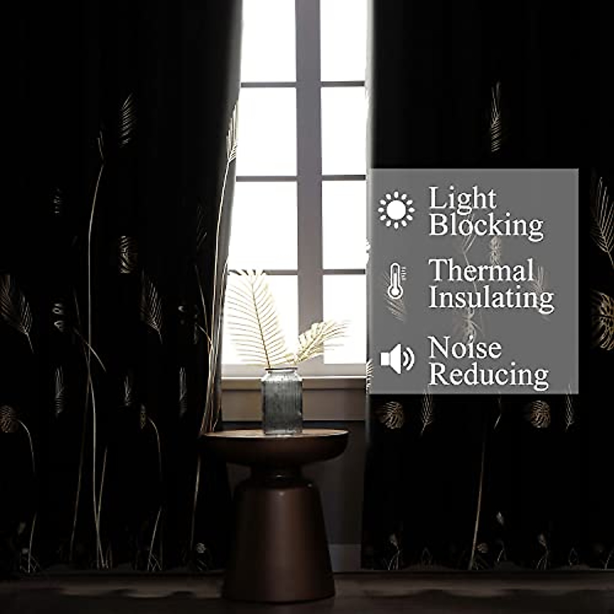 Estelar Textiler Black Blackout Curtains for Bedroom 84 Inches Long, Room Darkening Grommet Window Thermal Insulated Curtains for Living Room,Light Blocking Gold Pattern Design Drapes,52Wx84L,2 Panels