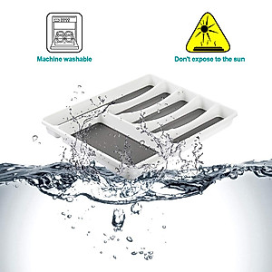 SUJUDE Silverware Drawer Organizer - Non Slip Utensil Tray Narrow, Kitchen Cutlery Tray Drawer Organizers Plastic 6 Compartment Gray Tray