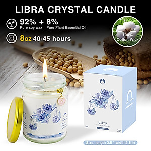 ZINCGE Libra Gifts for Women, Libra Candle, Zodiac Crystal Candle Gifts, Astrology Birthday Gifts Natural Soy Violets Scented Candle with Flowers and Lazurite Spirit Gifts for Mom Sister Friends