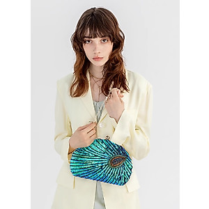 ZLM BAG US Beaded Sequins Seashell Evening Clutch Purse Mini Chain Crossbody Bag Peacock Shell Shoulder Bag