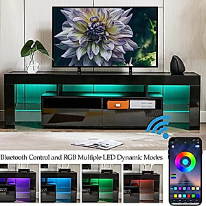 Vinctik 6&Fox LED Black TV Stand - Modern Entertainment Center with 2 Storage Drawers, LED Light, High Glossy Console, Media Furniture (65inch)
