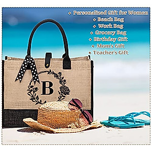 BeeGreen Personalized Tote Bag for Women w Magnetic Buckle Birthday Gifts w Bottom Support Initail Jute Tote Bag w Inner Zipper Pocket Embroidery Monogram Tote Bag for Women Mom Mother C