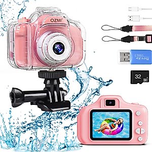 OZMI Kids Waterproof Selfie Camera for Girls, Christmas Birthday Gift for Girls 3 4 5 6 7 8 9 Years Old, Toddler Underwater Sports Camera HD Children Digital Camera 2 Inch Screen with 32GB Card, Pink