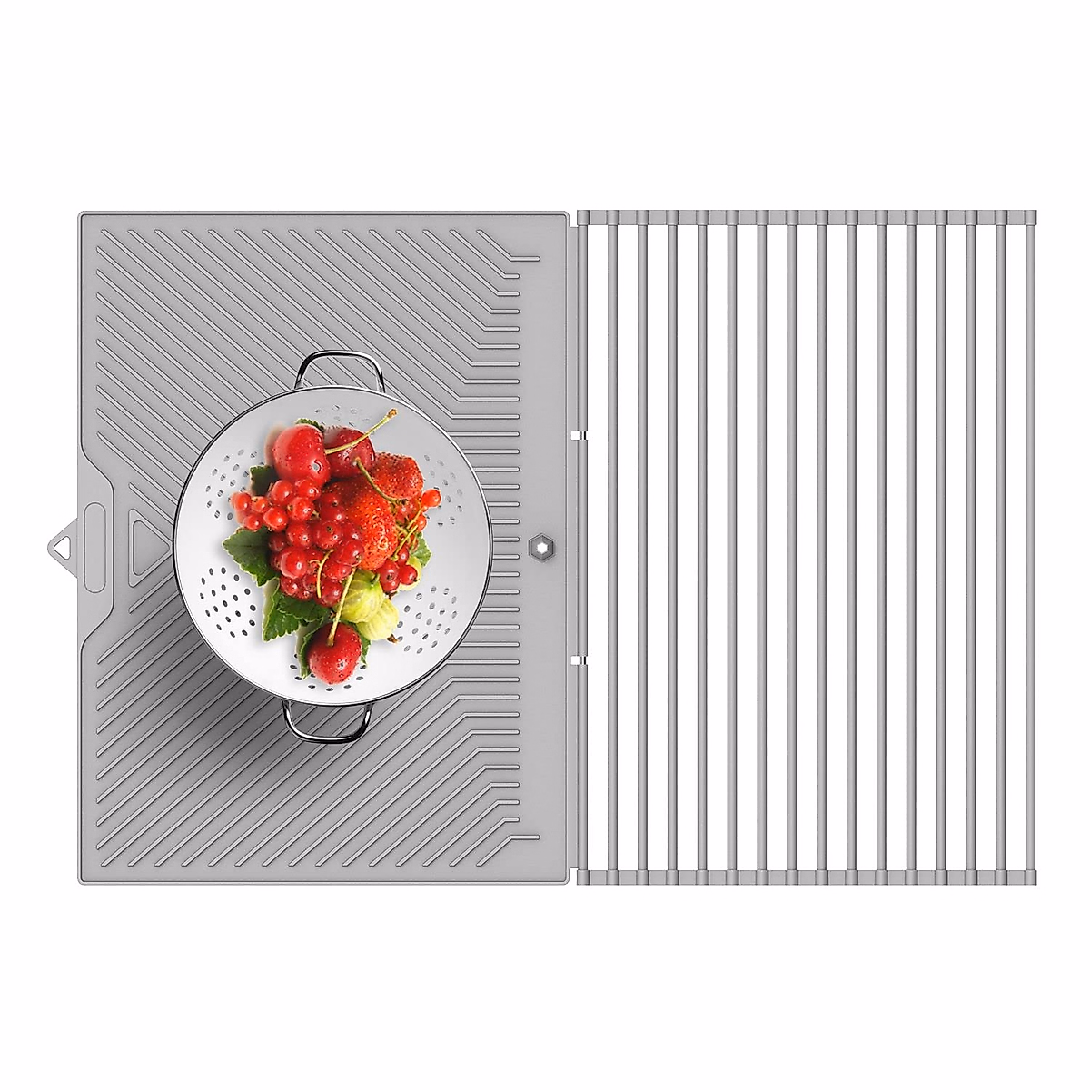IWORD Roll Up Dish Drying Rack with Mat Combo,Splitted Drying Mat & Dish Drying Rack,Versatile Roll Up Sink Drying Rack with A Drain Hole for Easy Water Drainage, Silicone Mat for Kitchen (29" x 20")
