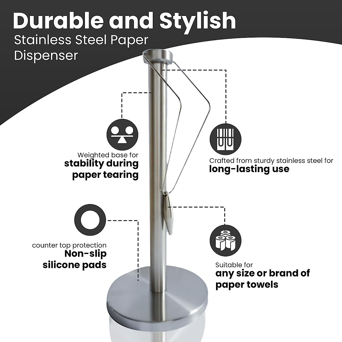 Experience The Difference with Our Revolutionary Paper Towel Holder. Simplify Your Kitchen or Dining Routine, Keep Your Countertop Organized, and Enjoy The Convenience You Deserve. (Silver)