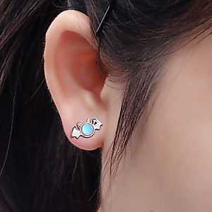 Halloween Moonstone Bat Earrings Sterling Silver Vampire studs for Women Hypoallergenic Piercing Stud for Sensitive Ears Fashion Gothic Jewelry