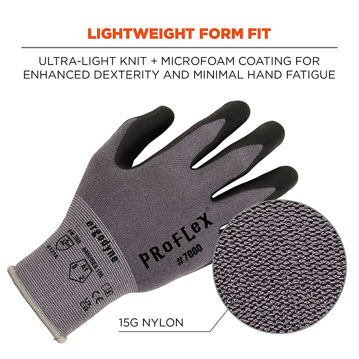 Ergodyne ProFlex 7000 Nitrile Coated Work Gloves, Foam Nitrile Palms for Flexible No Slip Grip, Abrasion Resistant, 15g, Touchscreen Capable, Gray, Medium
