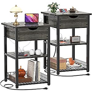 Cyclysio Nightstand Set of 2 with Charging Station, End Table Side Table with USB Ports and Outlets, Flip Top Night Stands with Shelves, Slim Bedside Sofa Table for Living Room, Bedroom, Gray Oak