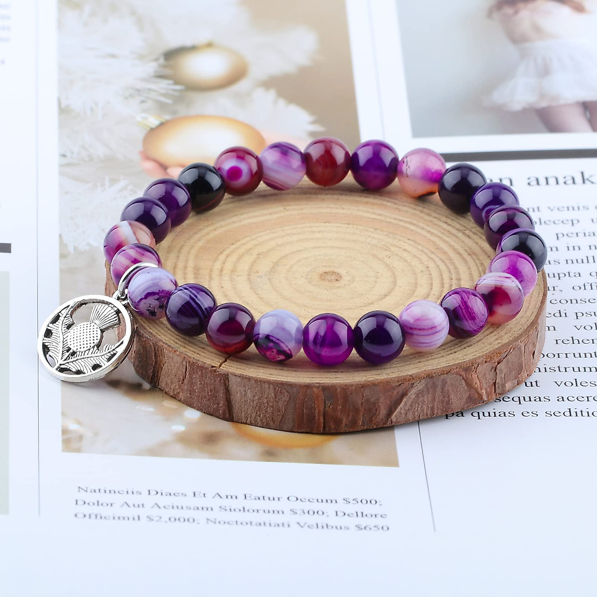 ARHTF Sassenach Gift Scottish Thistle Bracelet,Celtic Thistle Charm Thistle Blessing Amethyst Beads Thistle Flower Jewelry,Scottish Thistle Jewelry for Women (Purple Thistle)
