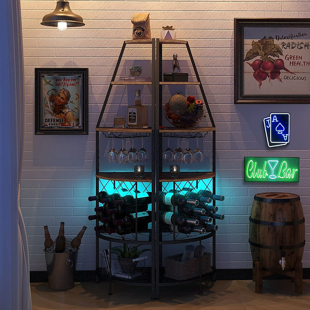 Espelism 5-Tier Corner Wine Rack with LED Light Floor Standing Wine Rack with Glass Holder and Bottles Wine Storage Home Bar Furniture for Kitchen Living Dining Room (Rustic Brown)