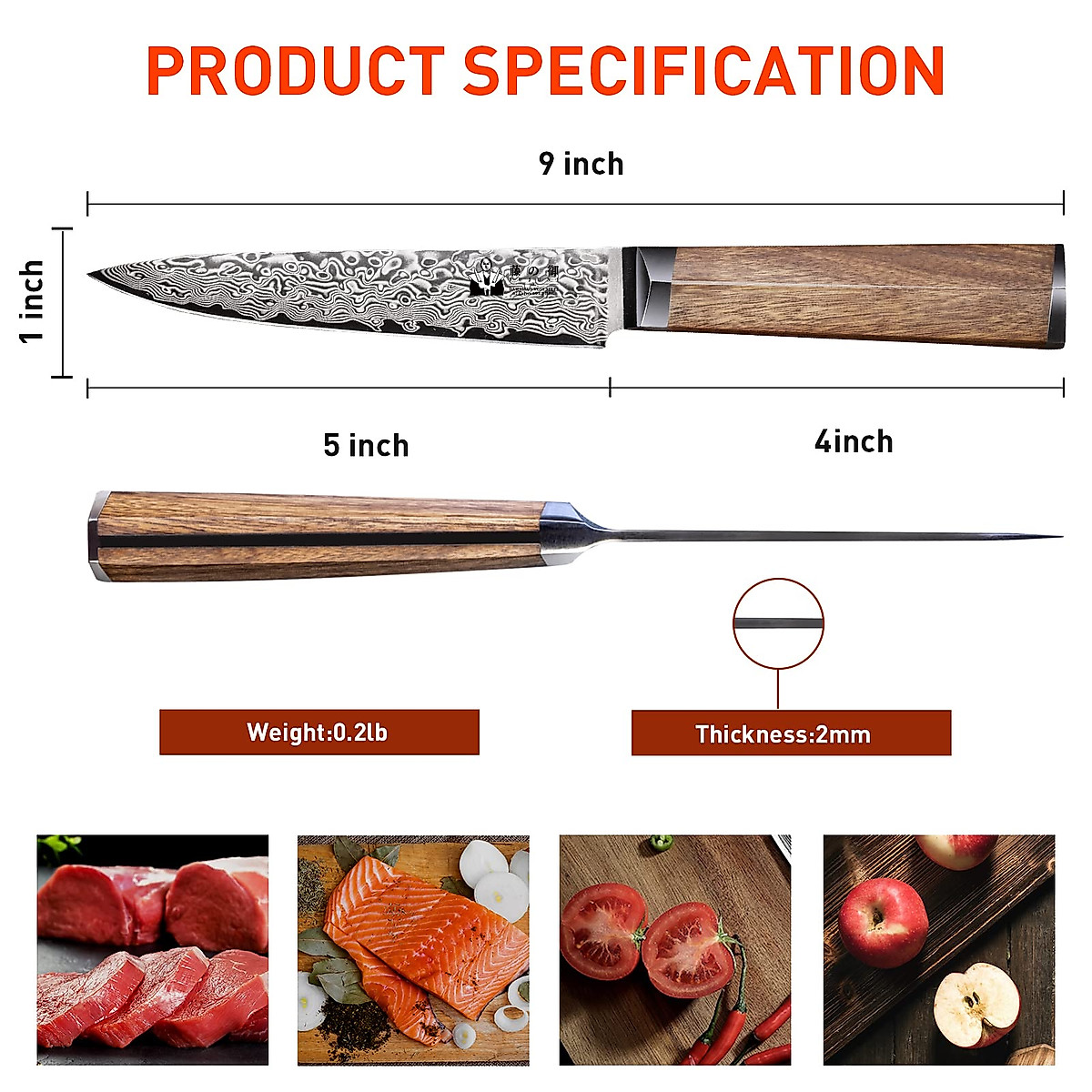 FUJUNI Kitchen Utility Knife 5 inch Damascus Small Chef Knife 67-Layer Damascus VG10 Steel Ultra Sharp Professional Paring Knife with Hexagon Natural Wood Handle