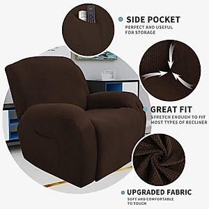 JIVINER Super Stretch Recliner Chair Covers 4 Pieces Sofa Slipcover for Reclining Chair Spandex Soft Recliner Slipcover with Pockets Recliner Furniture Protector (Recliner, Chocolate)