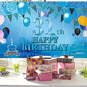 Happy 31th Birthday Backdrop Banner Blue 31th Sign Poster 31 Birthday Party Supplies for Anniversary Photo Booth Photography Background Birthday Party Decorations, 72.8 x 43.3 Inch
