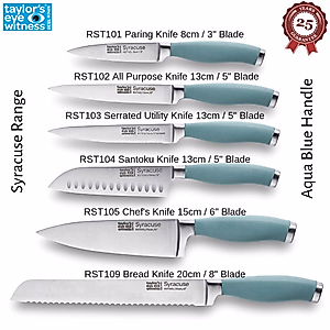 Taylors Eye Witness Syracuse Kitchen Knife 3pce Set - Paring 8cm/3.5”, Chefs 15cm/6” & Cooks All Purpose 13cm/5” Cutting Edge. Ultra Fine, Razor Sharp Blade. Soft Textured Grip Aqua Blue Handle