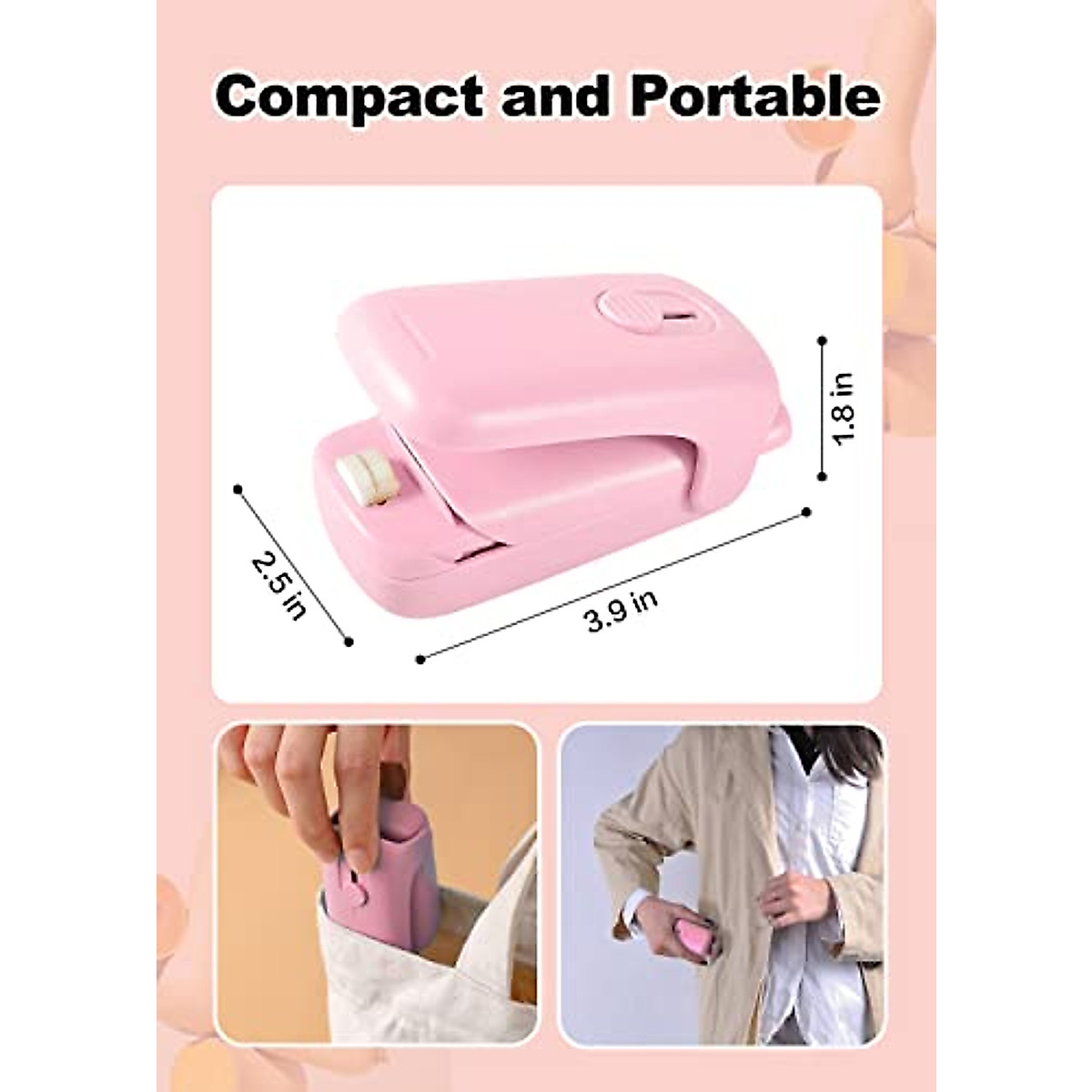 NOBVEQ Mini Bag Sealer, Handheld Heat Vacuum Sealer, Cutter with Lanyard and 2 in 1 Heat Sealer , Portable Bag Resealer Machine for Plastic Bags Food Storage Snacks Freshness(Batteries Included)-PINK