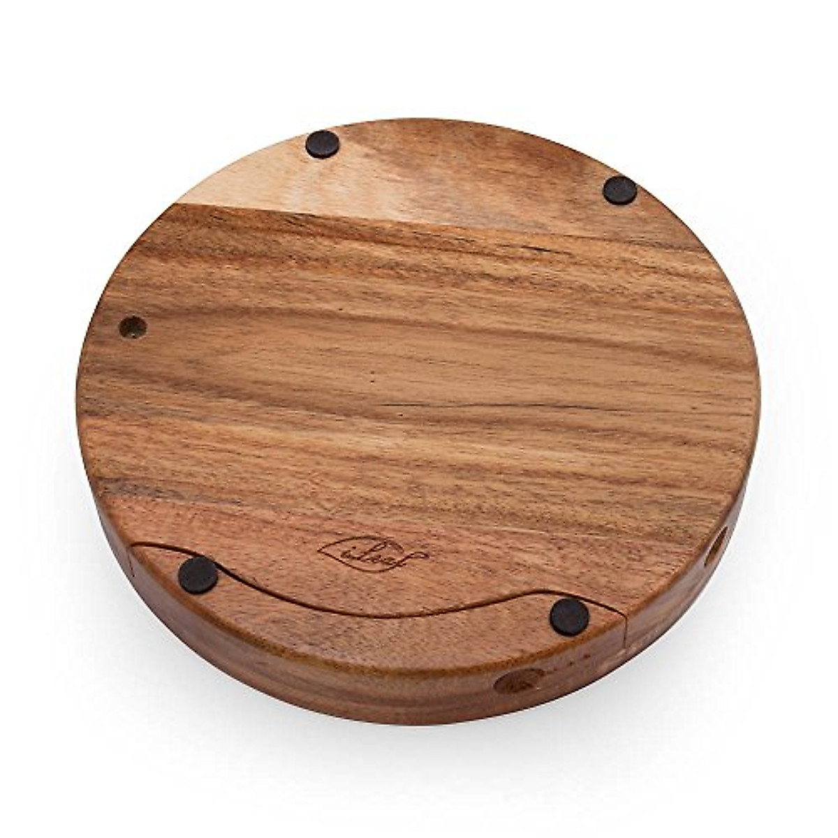 ILEAF Round Slide-Out Acacia Wood Cheese Board and 3 Piece Cheese Tool Set, 7.5 inch Diameter