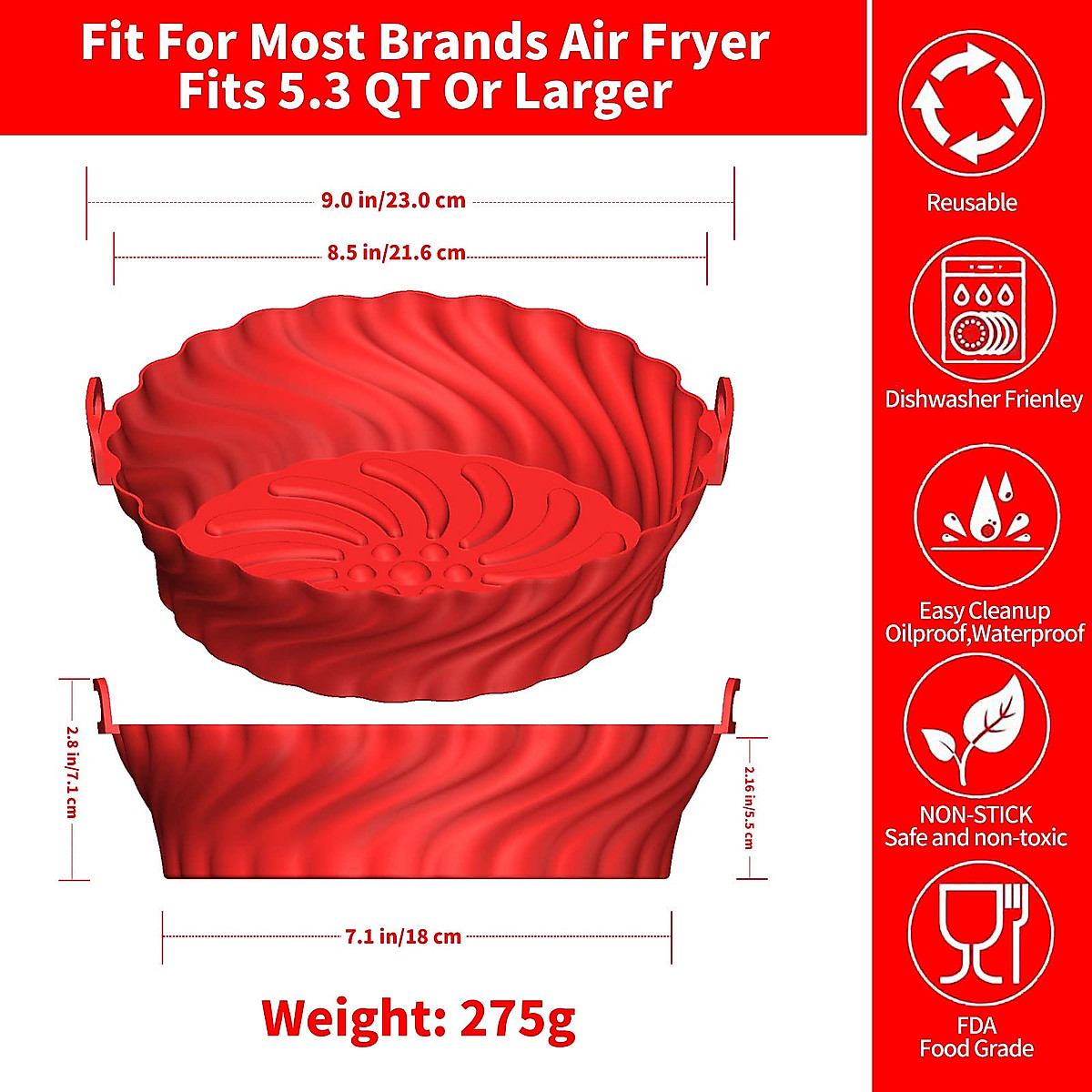 2Pcs Air Fryer Silicone Pot - 8.5 Inch Air Fryer Silicone Liners Round Food Safe Non Stick Air Fryer Basket Oven Accessories,Reusable Replacement of Flammable Parchment Liner Paper Fits 5QT Air Fryer