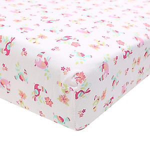 Brandream Crib Bedding Sets for Girls Pink Garden Elephant Parrot Birds 3-Piece Nursery Set | Baby Comforter, Fitted Crib Sheet, Crib Skirt Included, Floral Animal Collection