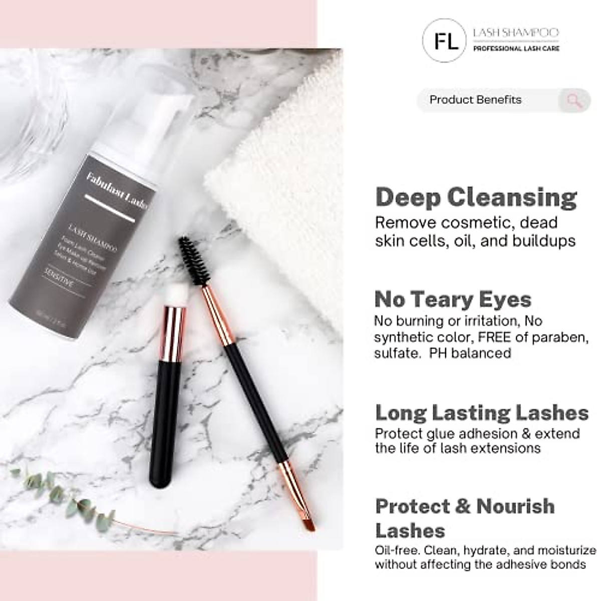 Lash Shampoo for Lash Extensions Kit - Cleaning Brush & Mascara Wand - Sensitive Foaming Eyelash Extension Cleanser Eye Makeup Remover - Paraben, Sulfate, Oil Free - Salon & Home Use (60ml/ 2fl Oz)