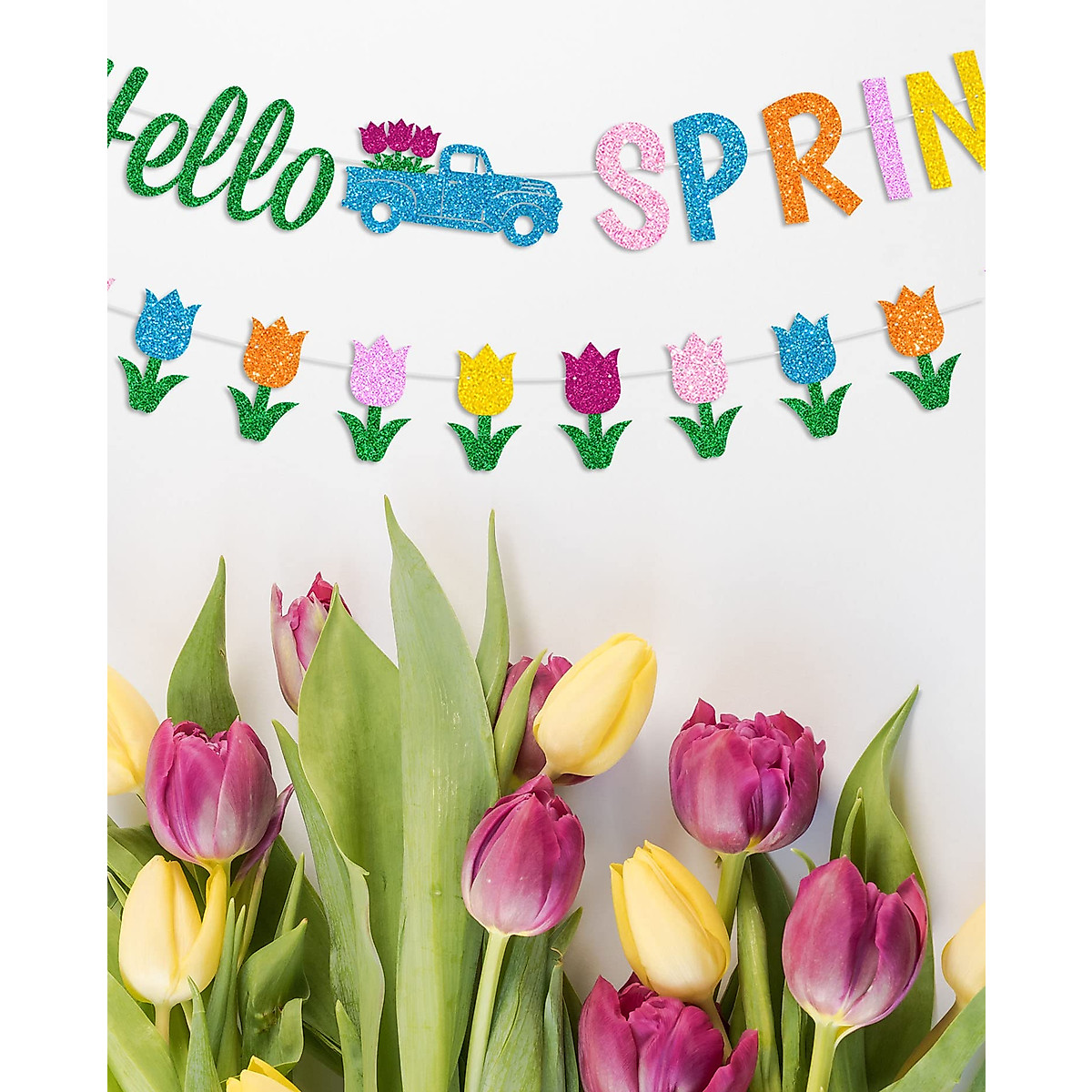 JKQ Glitter Hello Spring Banner with Tulip Truck Signs and Colorful Glittery Tulips Banner Hello Spring Tulips Flowers Garland Banner Spring Easter Birthday Party Fireplace Mantle Decorations