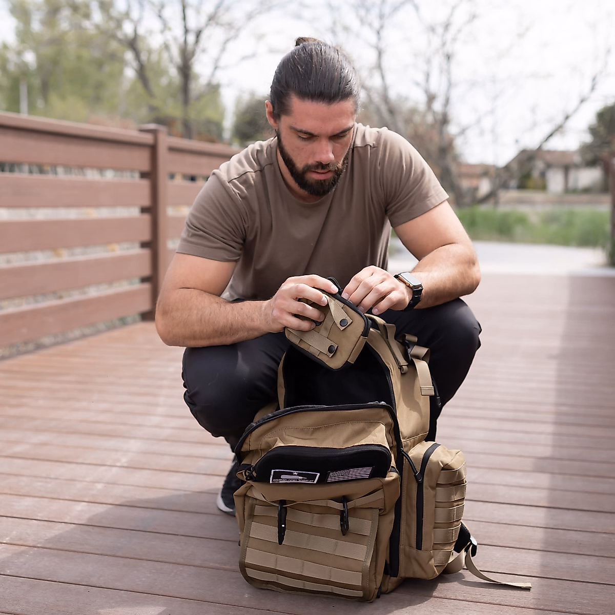Tan Dad Diaper Bag - Molle-Style Military Diaper Backpack Made of Rugged 900D Waterproof Polyester with Wider Extra-Long Straps, Pouch for Dirty Diapers, Baby Wipes Dispenser & Insulated Pockets