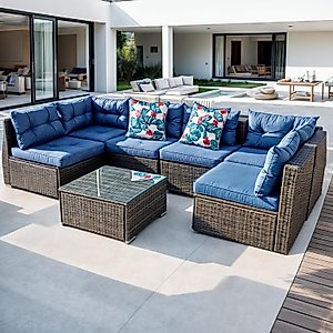 DWVO 7 Pieces Patio Furniture Set, All-Weather PE Rattan Outdoor Conversation Set, Wicker Outside Sectional Sofa Couch with Table and Cushions, for Pool Backyard Deck Garden (Navy)
