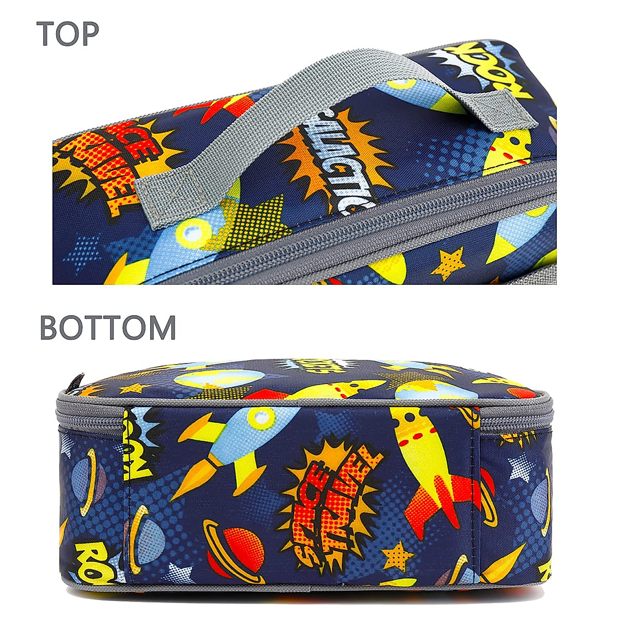 FlowFly Kids Lunch box Insulated Soft Bag Mini Cooler Back to School Thermal Meal Tote Kit for Girls, Boys, Outer Space Rocket Ships in Dark Navy Blue