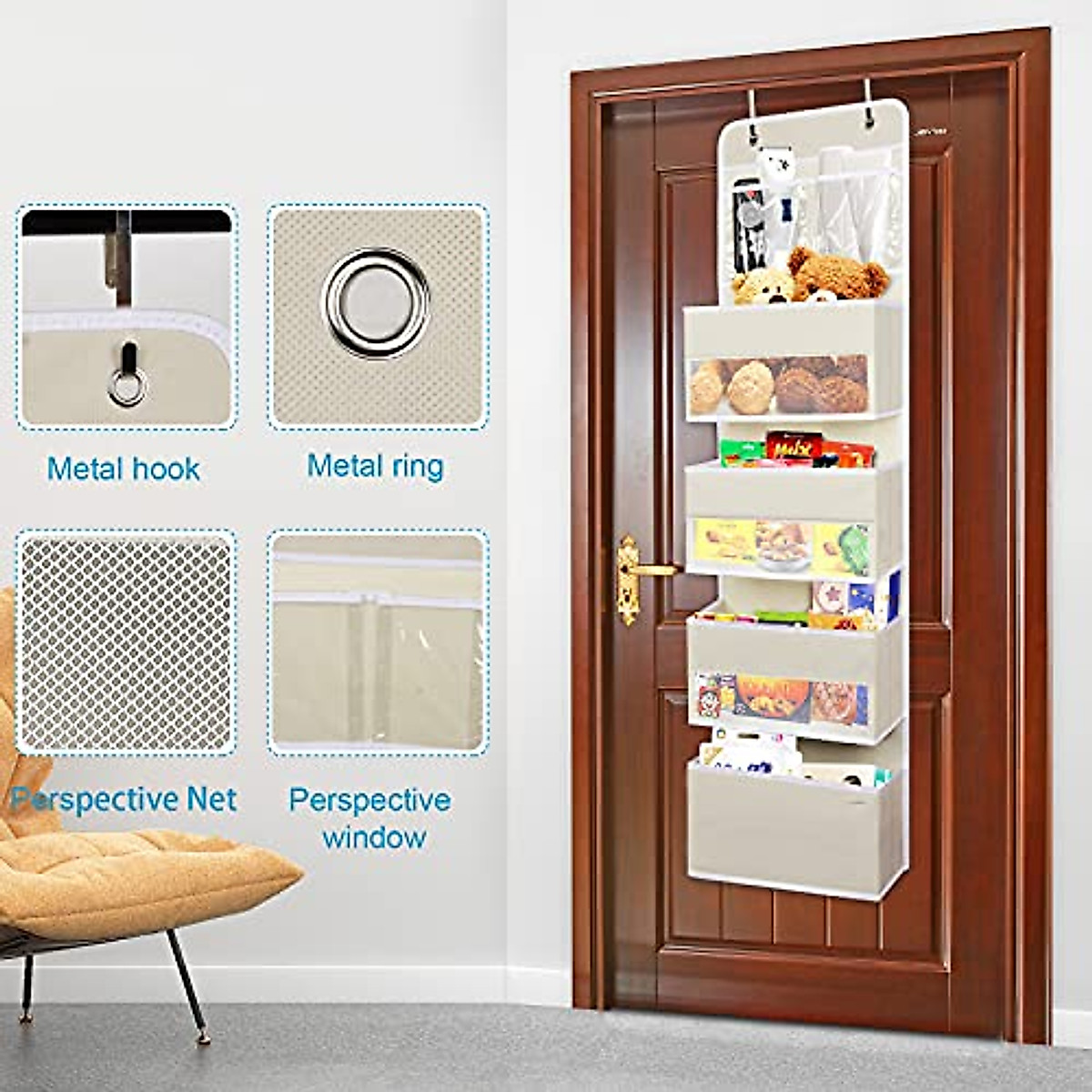 coastal rose Over The Door Organizer, 4 Large Pockets Hanging Nursery Baby Organizer Storage, Door Closet Organizers Shelves with 2 PVC Pockets for Bathroom, Pantry, Kids Clothes, Diaper(1 Pack)