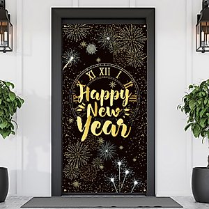 Black and Gold Happy New Year Door Cover Happy New Year Photo Backdrop NYE Decor 2024 Lunar New Years Eve Party Spring Festival Decorations and Supplies for Home