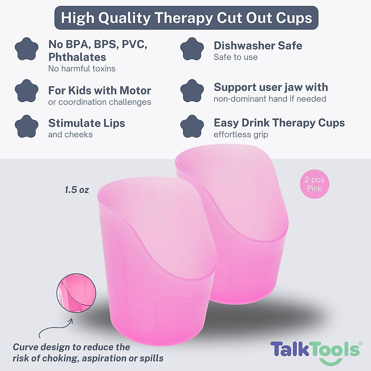 TalkTools Cut Out Cups for Special Needs - Glass Set for Physical Therapy, Recovery and Rehabilitation | Motor and Coordination Support | Easy Drink Therapy Cups for Elderly - 1.5 Oz Pink (2 Pk)
