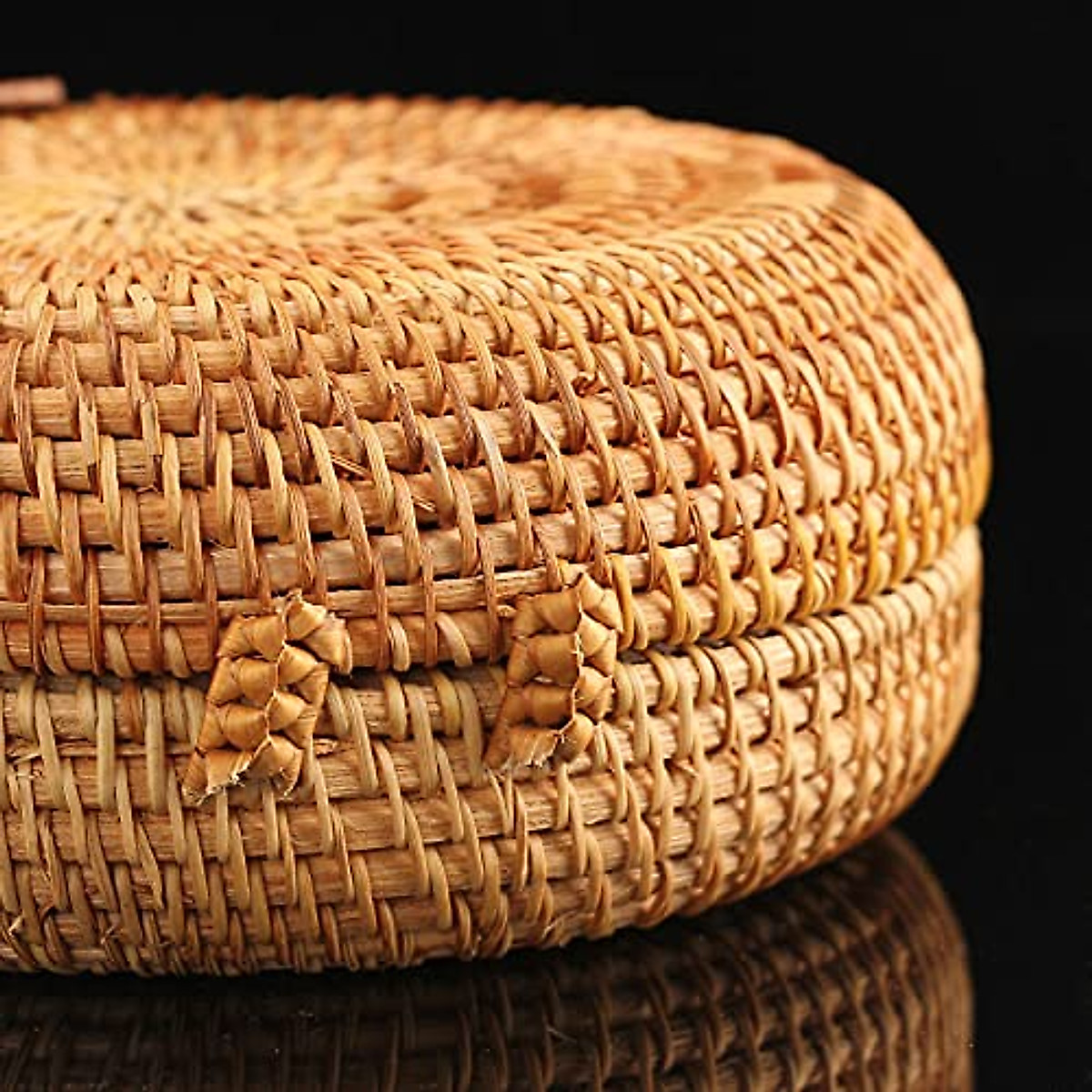 Daisy Lucky W Hand-woven round rattan bag PU leather shoulder strap Beach grass woven messenger women's bag Ladies Bohemian handbag Pure natural hand-made rattan woven wallet (Leather buckle)
