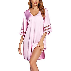 Ekouaer Satin Nightgown for Women 3/4 Sleeve Silk Sleep Shirt V Neck Knee Length Sleep Dress Pink Medium