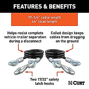 CURT 80176 44-Inch Vinyl-Coated Trailer Safety Cables, 17/32-In Snap Hooks, 7,500 lbs Break Strength, Pack of 2 , Black