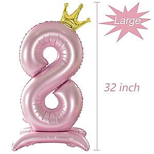 Tellpet Crown Pink Number 8 Balloon with Base For Girls 8th Birthday Party Decoration