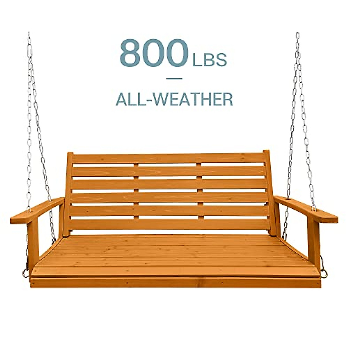 Wooden Porch Swing, Ergonomic Seat, Bench Swing with Hanging Chains and 7mm Springs, Heavy Duty 800 LBS, for Outdoor Patio, Garden, Yard (Golden Honey)