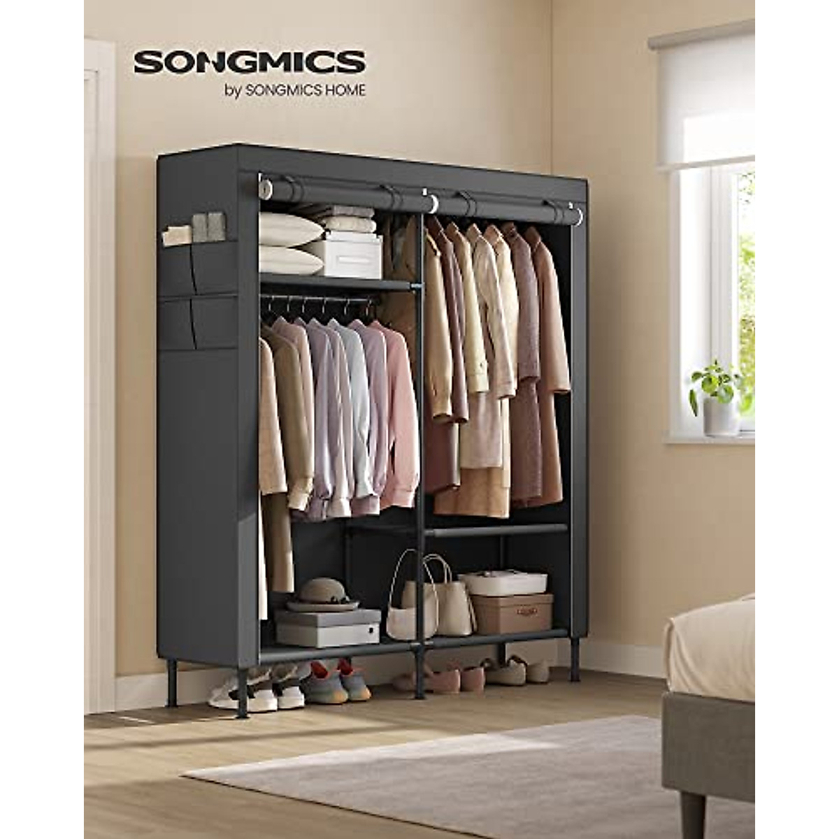 SONGMICS Garment Rack Heavy Duty Clothes Rack, 65 Inch Freestanding Portable Wardrobe Closet with Hanging Rails and Shelves, Total Load 242 lb, Easy Assembly, for Cloakroom Bedroom, Black URDR301B02