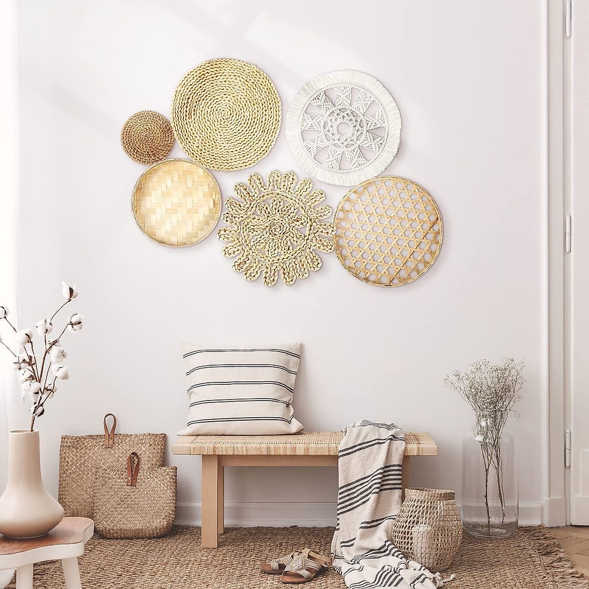 6 Pcs Rustic Hanging Boho Flat Woven Farmhouse Rattan Wall Decor Wall Basket for Living Room Bedroom Decoration