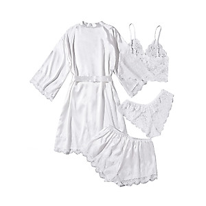 WDIRARA Women' Silk Satin Pajamas Set 4pcs Lingerie Floral Lace Cami Sleepwear with Robe Snow White XS