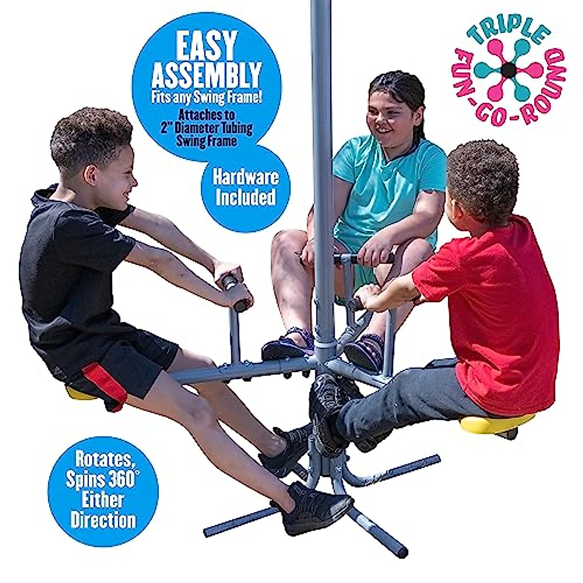 XDP Recreation Triple Fun-Go Round - Outdoor Backyard Kids Fun Twirling, Spinning Playground 2" Diameter Metal A-Frame Swing Set Accessory add-on, Gray