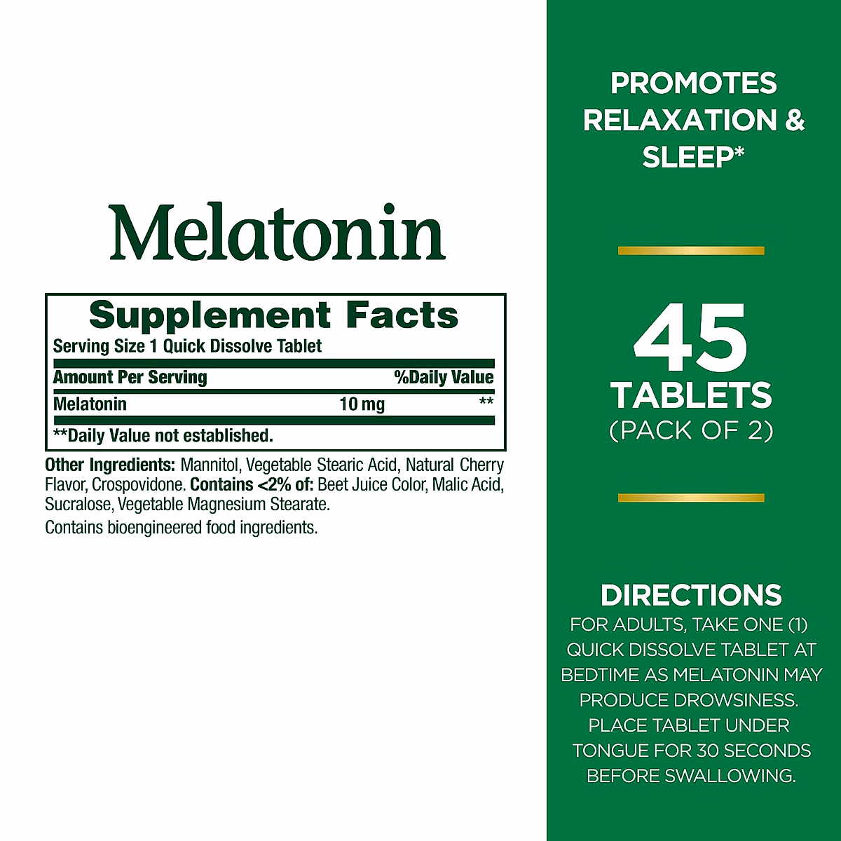 Nature's Bounty Melatonin Quick Dissolve Tablet, Sleep Support, 10 mg, Tablets, 45 Ct (2 Pack)