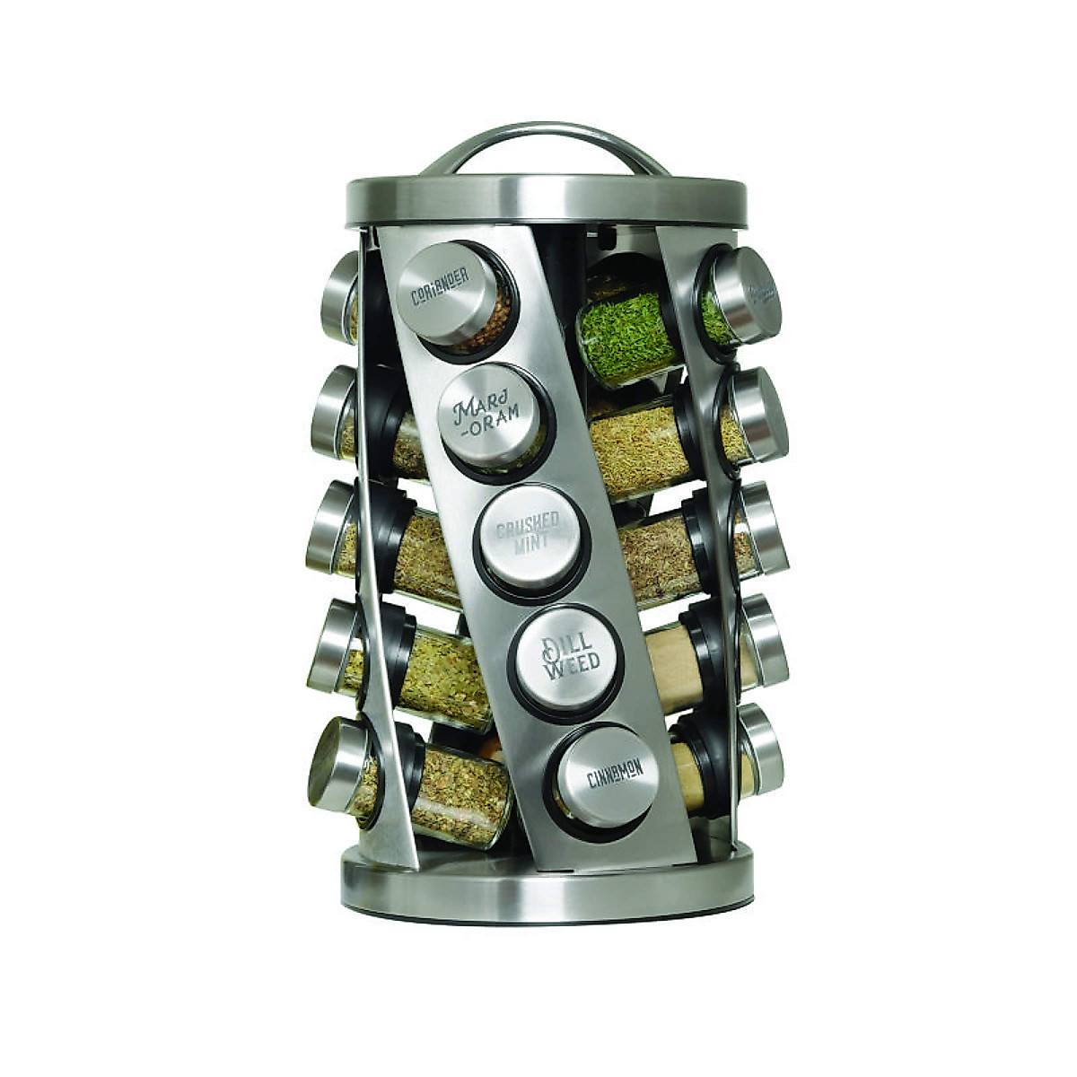 Kamenstein 20 Jar Twist Revolving Countertop Spice Rack Organizer with Spices Included, FREE Spice Refills for 5 years, Brushed Stainless Steel with Black Caps
