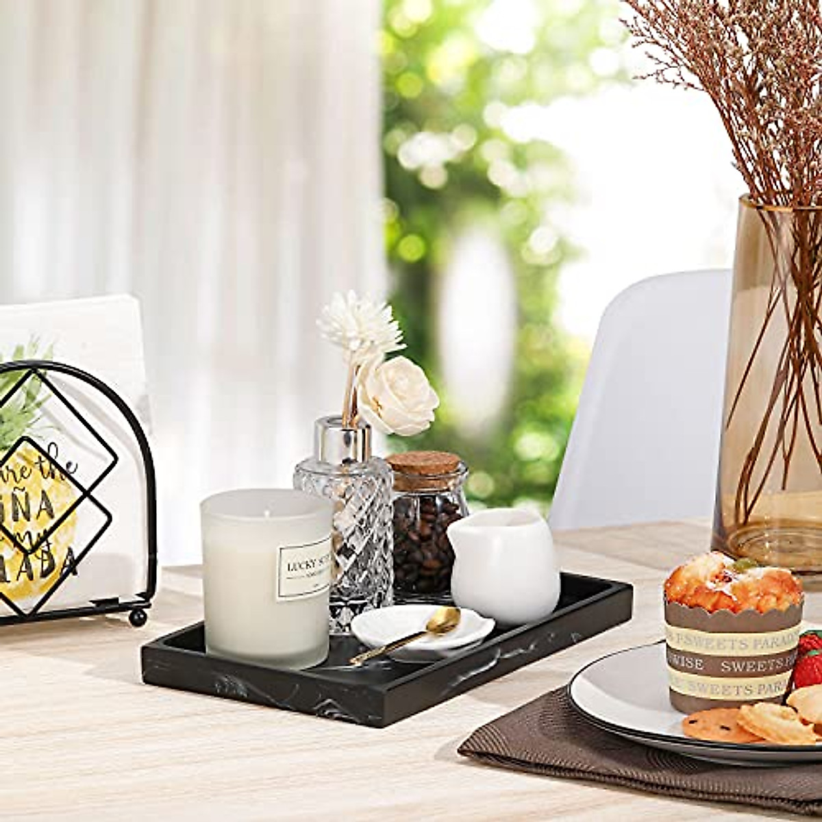 Luxspire Bathroom Vanity Tray, Resin Dresser Jewelry Ring Dish Tank Storage Kitchen Sink Countertop Organizer Plate Holder for Perfume Candles Soap Towel Plant Bathroom Accessories, M, Matte Ink Black