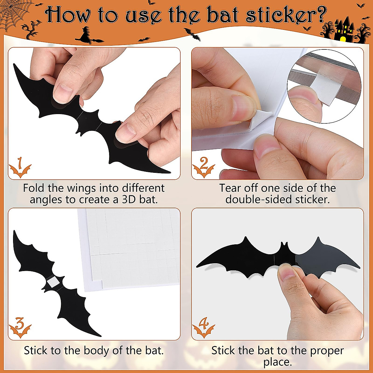 ZYFLSQ 120 Pcs Bats Wall Decor Halloween Decorations, 3D Bat Stickers for Home Decor 4 Size Scary Black Spooky Bats Party Supplies