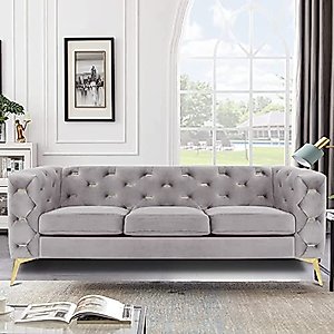AVZEAR Large Sofa, Mid Century Modern 3 Seater Sofa 84'' Velvet Upholstered 3-Seater Living Room Sofa with Button and Copper Nail on Arms and Back for Living Room Bedroom Small Apartment Office, Grey