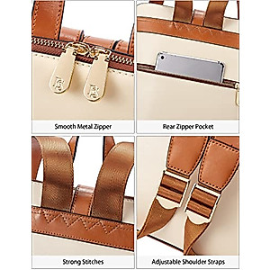BOSTANTEN Leather Laptop Backpack for Women, 15.6 inch Computer Backpack College Business Large Daypack Work Travel Bag Beige with Brown