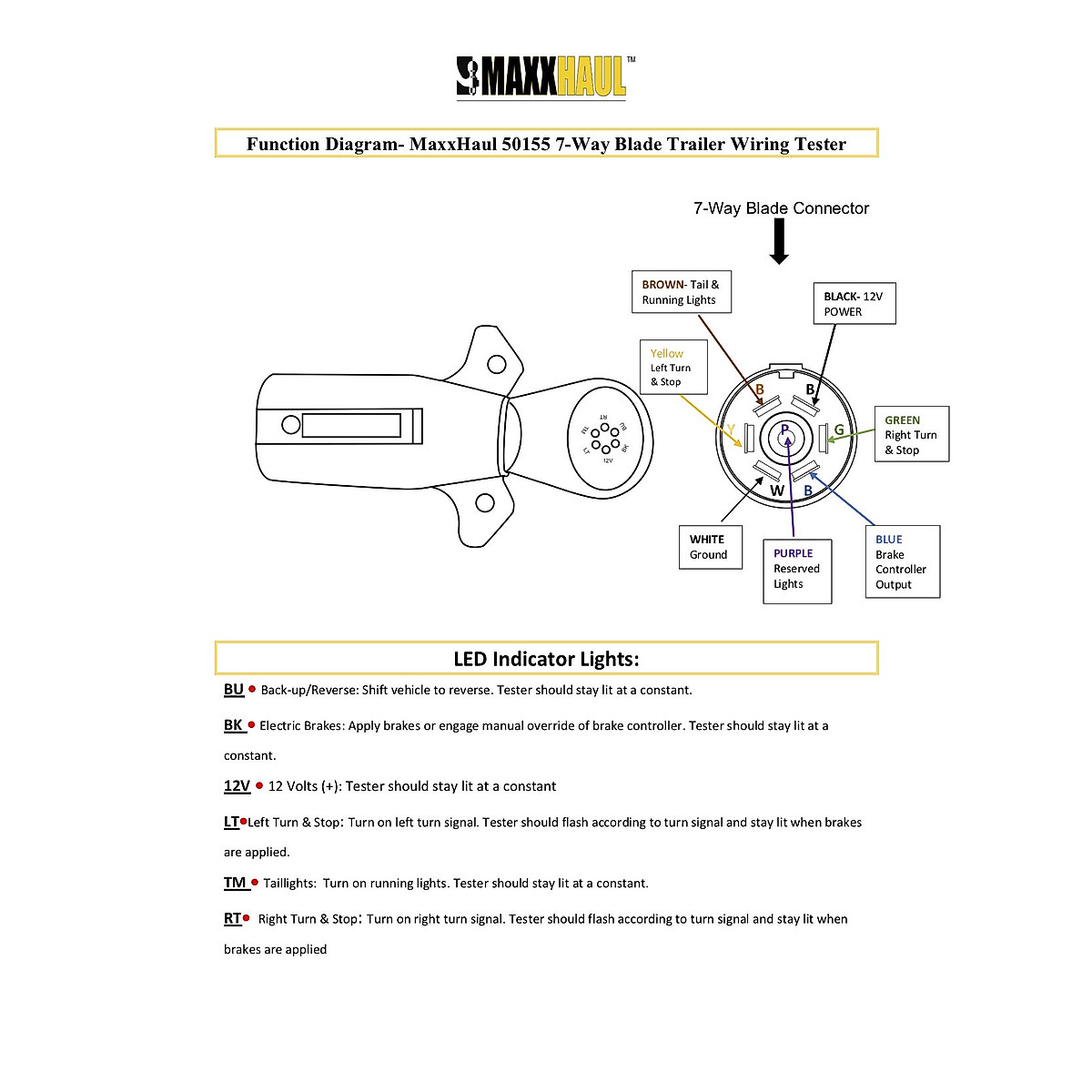 MAXXHAUL 50155 7-Way Blade Trailer Wiring Tester, Black