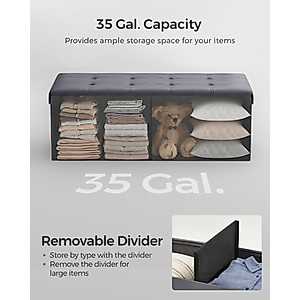 SONGMICS 43 Inches Folding Storage Ottoman Bench, Storage Chest, Footrest, Coffee Table, Padded Seat, Faux Leather, Holds up to 660 lb, Dark Gray ULSF070G01