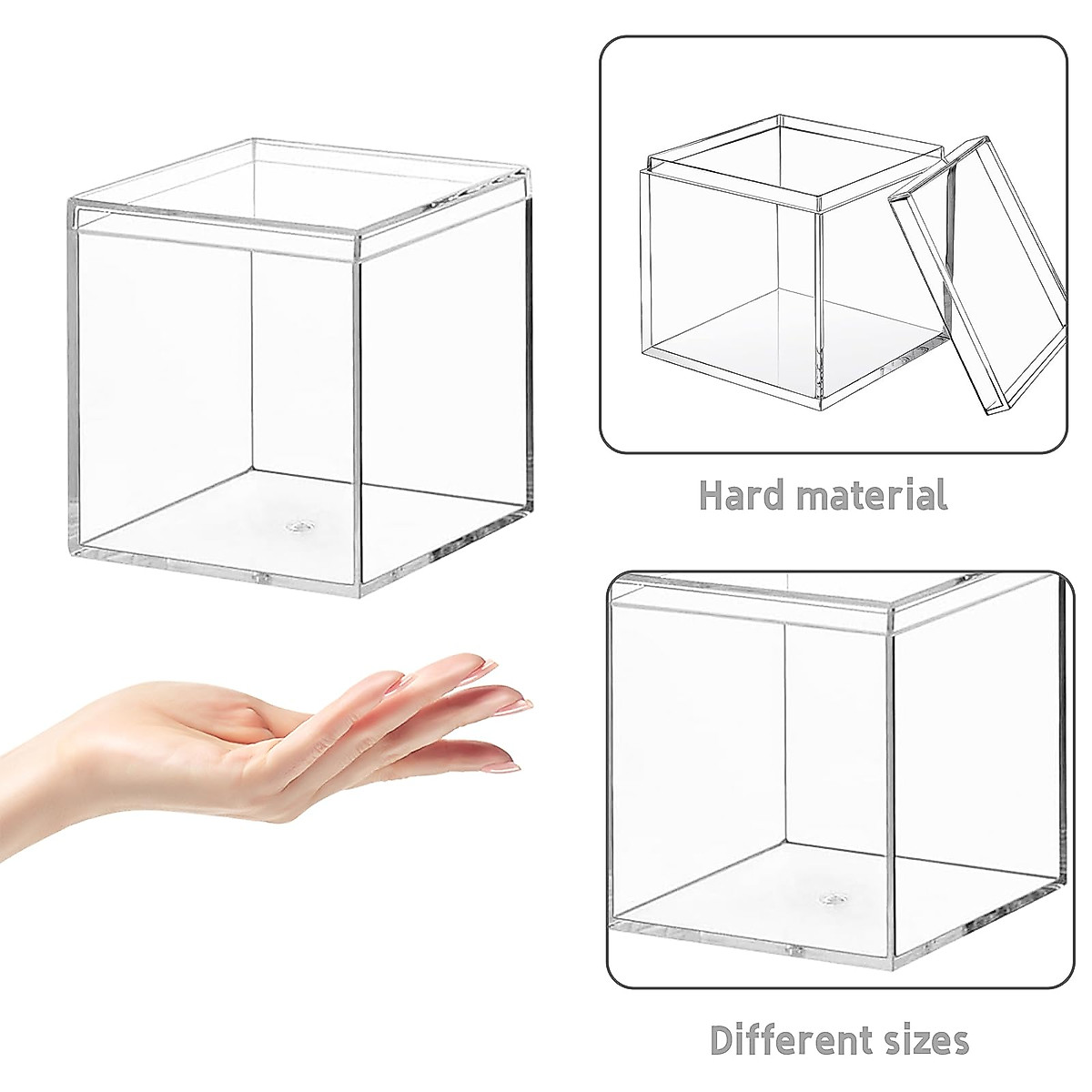 4.7/4/3.3/3/2.5/1.8 Inch Clear Plastic Box with Lid, Jewelry Storage Box, Square Cube Decorative Storage Box Containers Display Box for Candy Pill Tiny Jewelry Toys Gifts Artwork Display